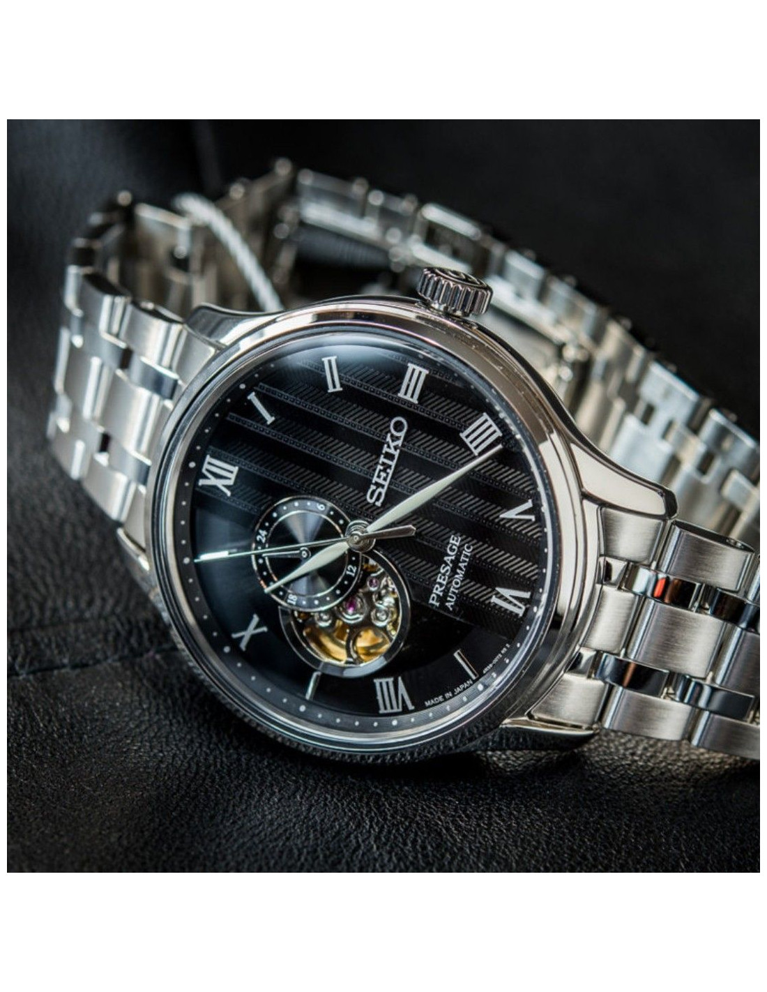 Reloj Seiko Presage SSA377J1 automático, plateado y dial negro